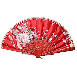 REINDEAR Multi-Pattern Decoration Fabric Flower Print Foldable Silk Lace Trim Hand Fan (3 Pcs, Silk)