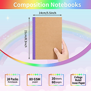EOOUT 20 Pack A5 Kraft Notebooks, Lined Journal Bulk with Rainbow Spine, 10 Colors, 60 Pages Soft Cover Composition Notebooks for Women Girls Kids, School Office Supplies