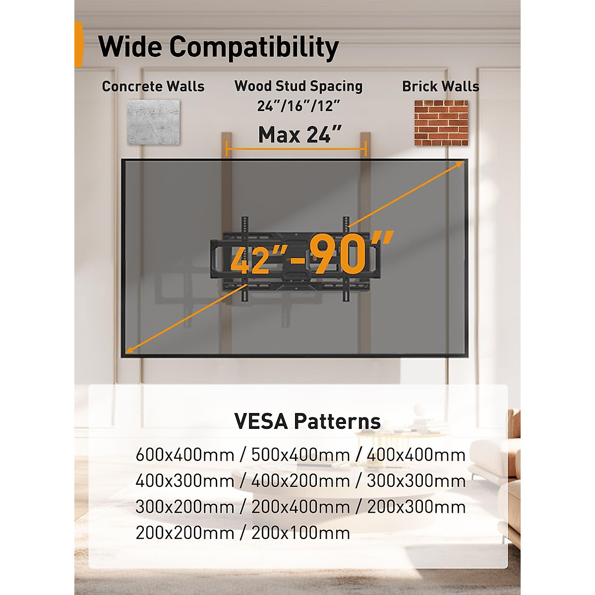 Perlegear UL-Listed Full Motion TV Wall Mount for 42–90 Inch TVs up to 150 lbs, Pre-Assembled TV Mount with Tool-Free Tilt, Swivel, Extension, Max VESA 600 x 400mm, 12″/16″/18″/24″ Wood Studs, PGLF16