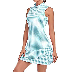 Viracy Tennis Dress for Women Golf Outfits Sleeveless Stand Collar Short Dresses with Pockets Zip Up Moisture Wicking for Workout Athletic Blue Houndstooth-M