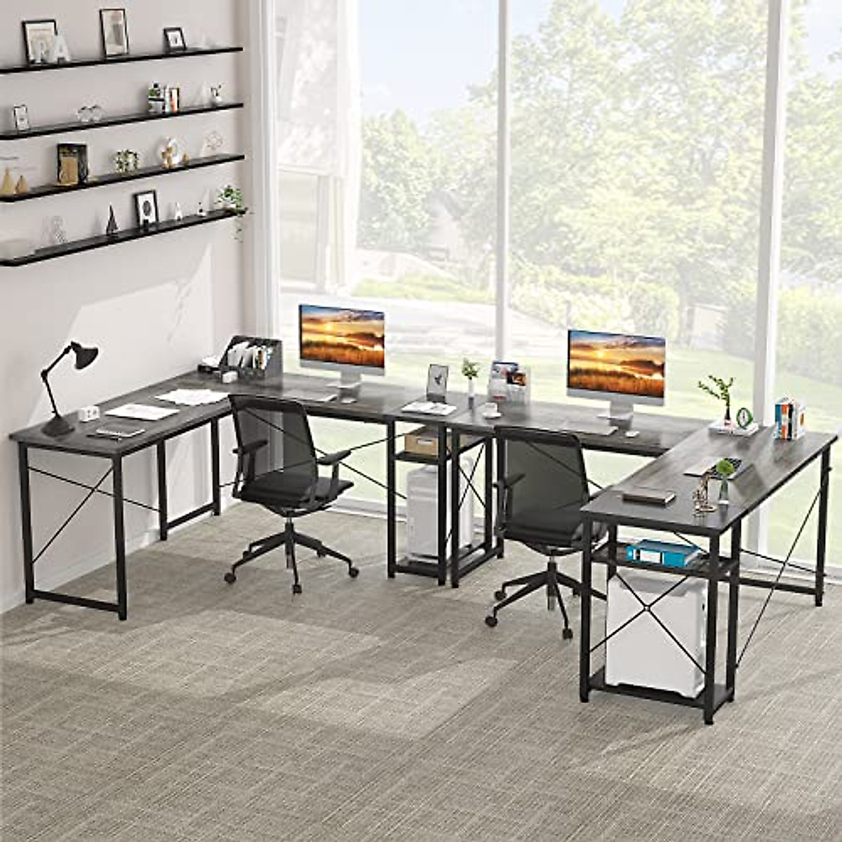 Ecoprsio L-Shaped Desk Large L Shaped Gaming Desk with Storage Shelves Oak Corner Desk Writing Study Table for Home Office Gaming Workstation, Oak and Black