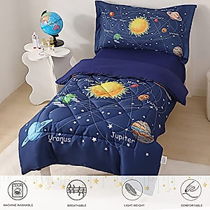 KINBEDY 4 Pieces Space Toddler Bedding Set for Boys Navy Blue Planet Star Bed Sheets Set Comforter Set for Baby Kids | Include Comforter, Flat Sheet, Fitted Sheet, Pillowcase