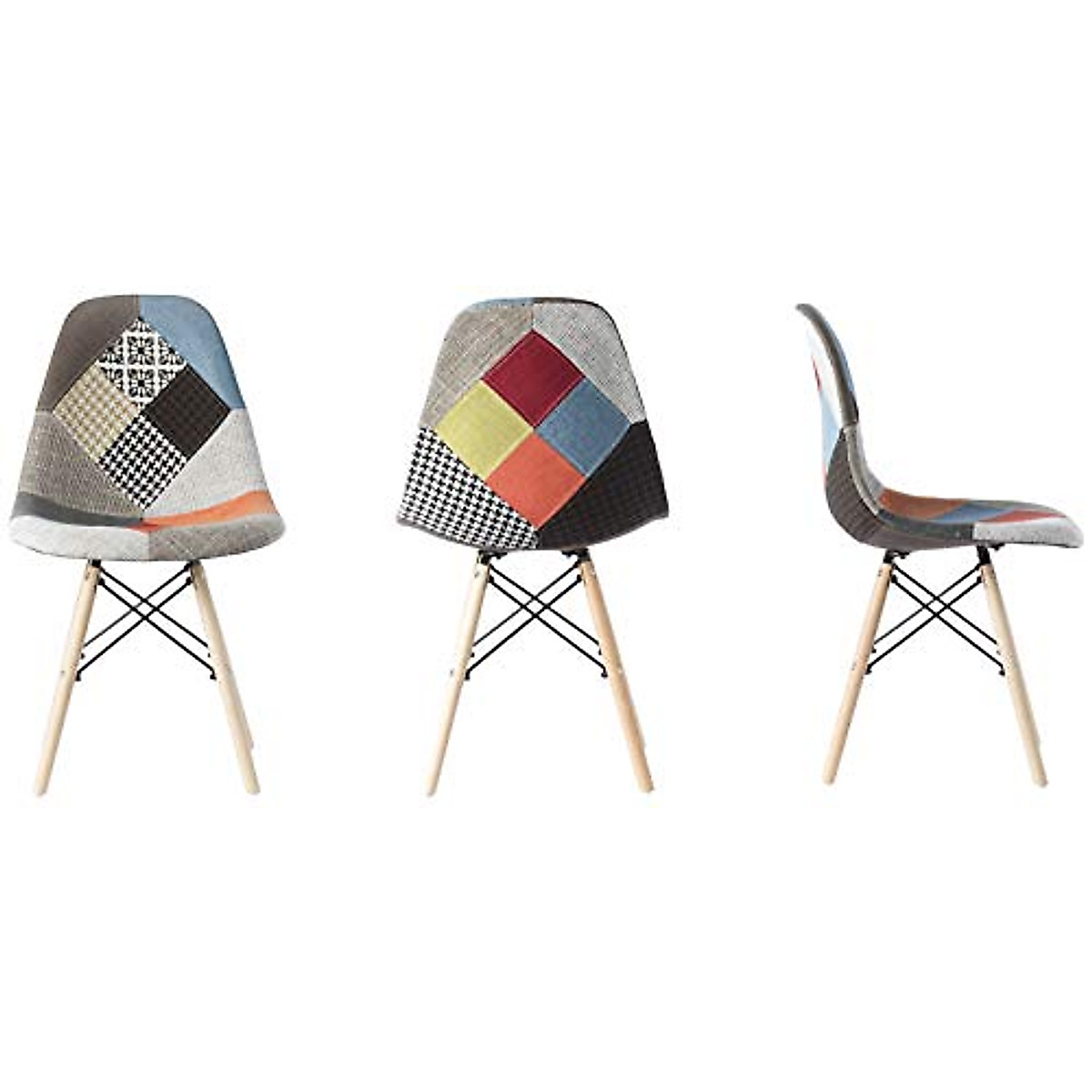Mid-Century Modern Upholstered Plastic Multicolor Fabric Patchwork DSW Shell Dining Chair with Wooden Dowel Eiffel Legs