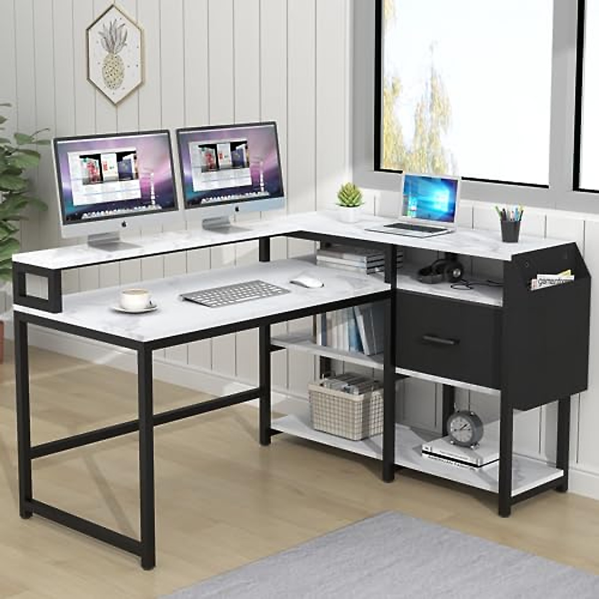 Loomie Reversible L Shaped Computer Desk with Drawer, 55"Wx41"D Industrial Corner Computer Desk with 4 Tier Storage Shelves&Monitor Stand and Storage Bag,Study Table for Home Office, White Faux Marble