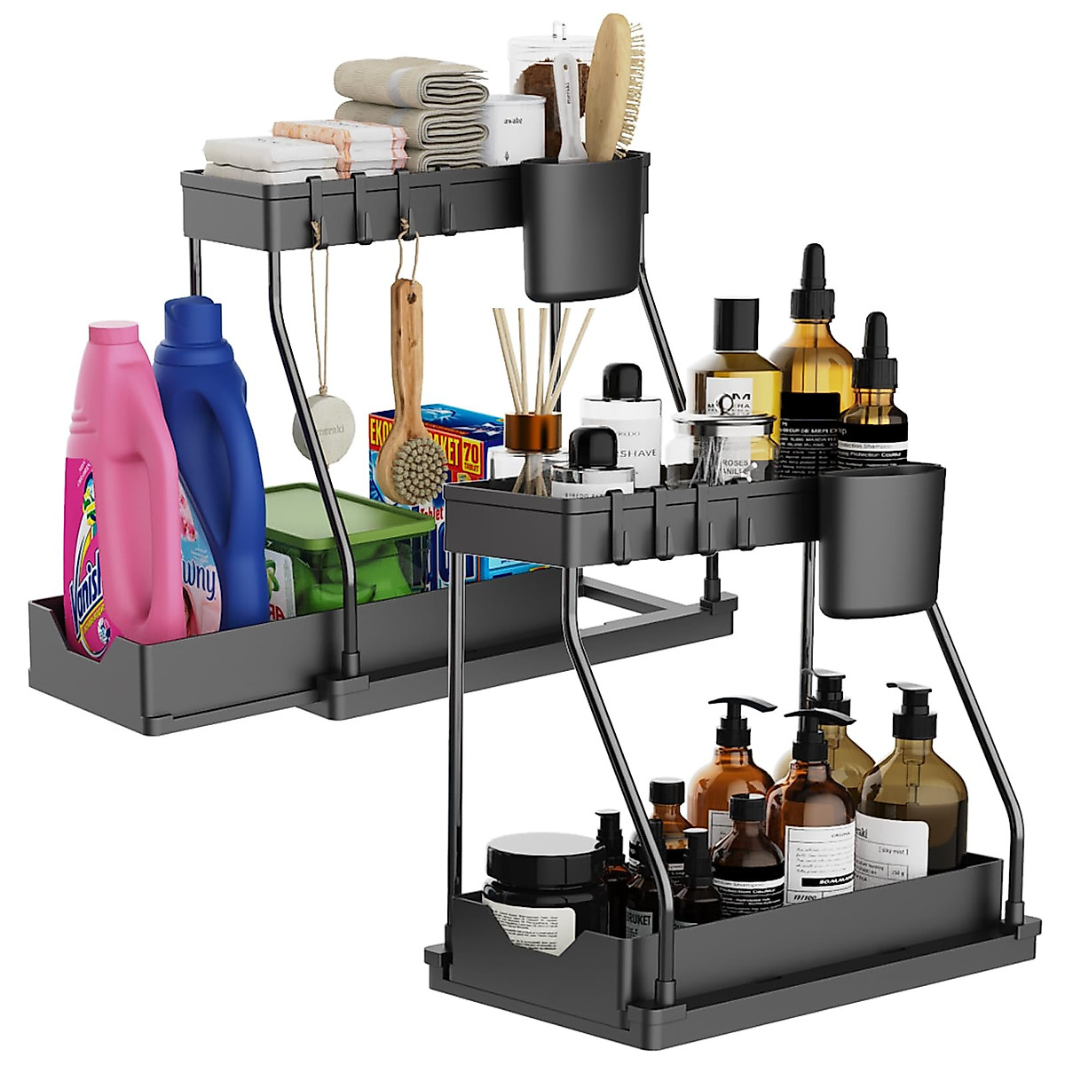 Santoy 2 Pack Under Sink Organizers and Storage, L-Shaped Pull-Out Sink Bathroom Kitchen Organizer with Hooks and Hanging Cup, 2 Tier Under Sink Cabinet Baskets Shelf with Sliding Drawers，Black