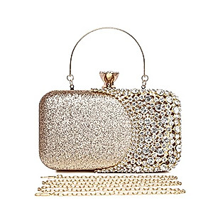 FIVE FLOWER Womens Crystal Evening Clutch Bag Wedding Purse Bridal Prom Handbag Party Bag (GOLD), Medium