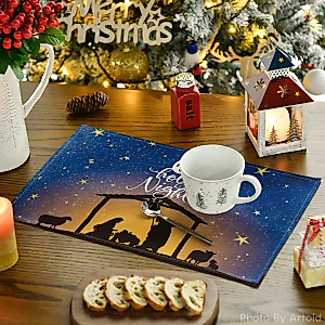 Artoid Mode The Lord Blue Sky Christmas Placemats Set of 6, 12x18 Inch Seasonal Winter Holy Night Table Mats for Party Kitchen Dining Decoration
