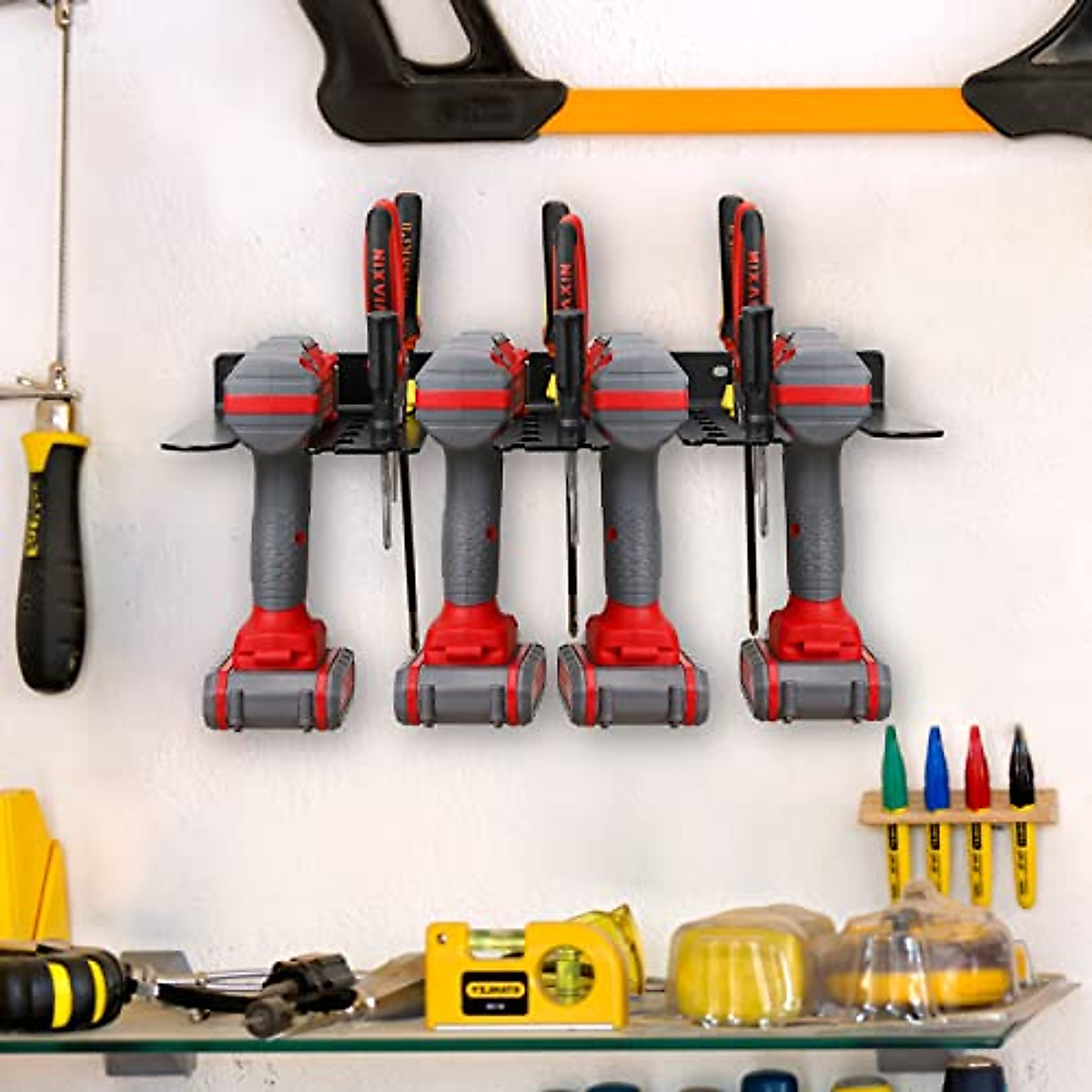 GOHIKING Garage Organization, Drill Hanger Wall Mount, Heavy Duty Power Tool Organizer that Support 4 Electric Drills and Batteries, for Garage, Home, Workshop, Shed