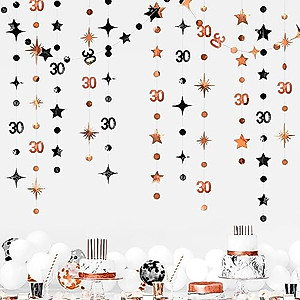 Rose Gold Black 30th Birthday Decorations Number 30 Circle Dot Twinkle Star Garland Metallic Streamer Bunting Banner Backdrop for Mens Womens Happy Dirty 30 Year Old Thirty Anniversary Party Supplies