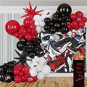Red and Black White Balloon Garland Set 128 Pcs Red Balloons Sneaker Stickers for Ladybug Birthday Party Decorations，Graduation，Sports, Soccer,Hollywood Themed Celebrations