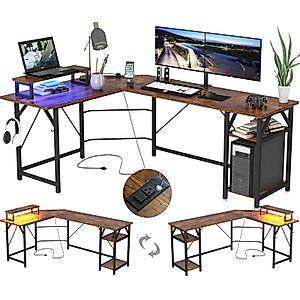 SZXKT L Shaped Gaming Desk with Power Outlets and Monitor Stand, Computer Desk with LED Lights,Home Office Desks Large Writing Study Table Workstation with Hooks Desk for Bedroom, Rustic Brown