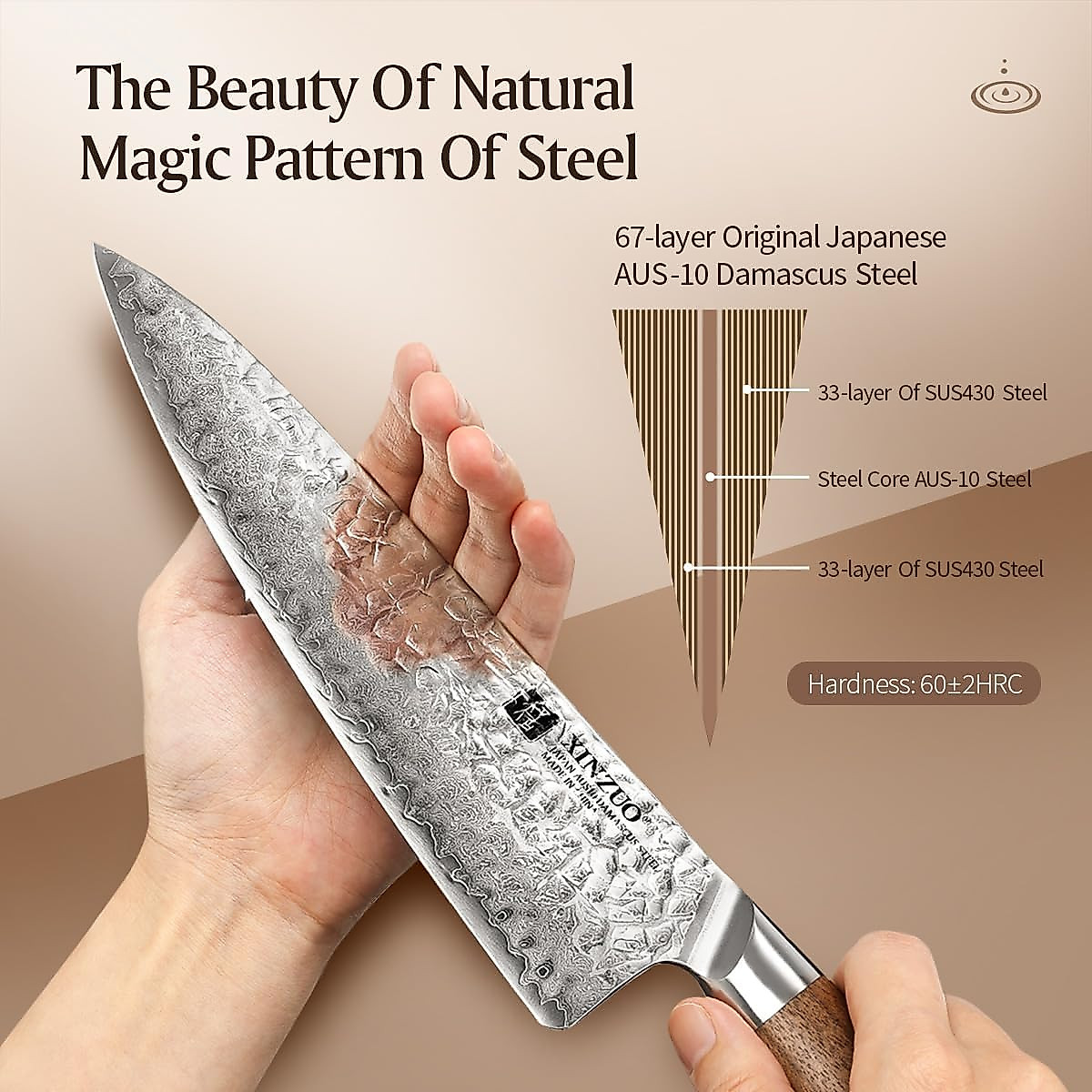 XINZUO 8.3 Inch 67 Layers Damascus Steel Chef Knife, Hand Forged Japanese AUS-10 Steel Gyuto Chef Knife,Walnut Black Walnut Handle,Full Tang, Razor Sharp,Exquisite Box Package