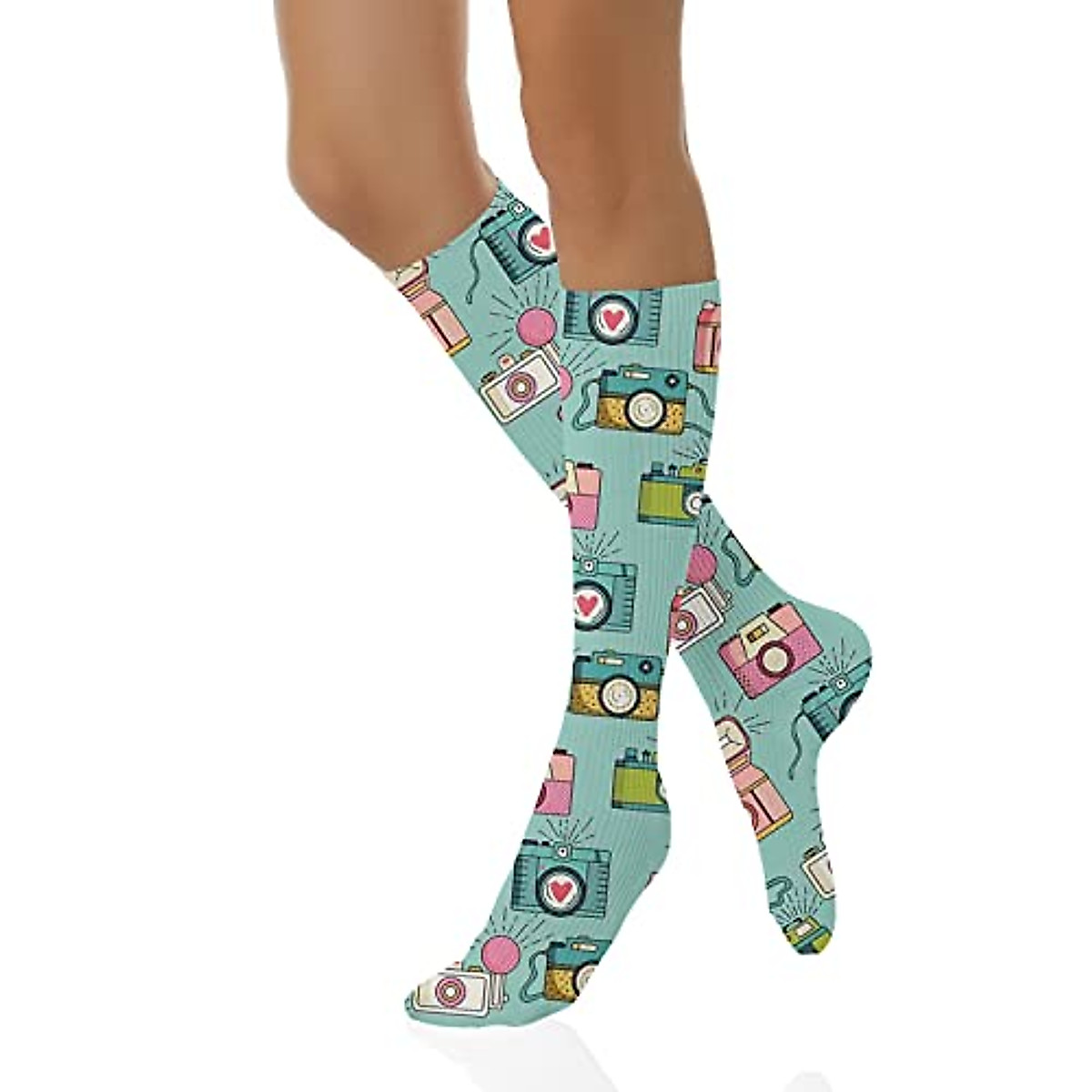 feprena Retro Women Men Cool Fun Patterns Knee high Socks,Cameras Doodle Style Film Equipment,Suitable for Outdoor Travel Sports Almond Green - 20 inch