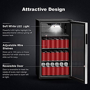 Galanz Beverage Refrigerator Cooler - 130 Can Mini Fridge with Reversible Glass Door & Adjustable Shelves for Soda Beer or Wine - Small Refrigerator for home office or Bar Stainless steel GLB36MS2F07