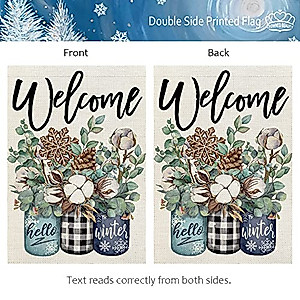 CROWNED BEAUTY Winter Garden Flag Floral Mason Jar 12x18 Inch Small Double Sided Yard Decorative Holiday Seasonal Outside Welcome Burlap Farmhouse Decoration