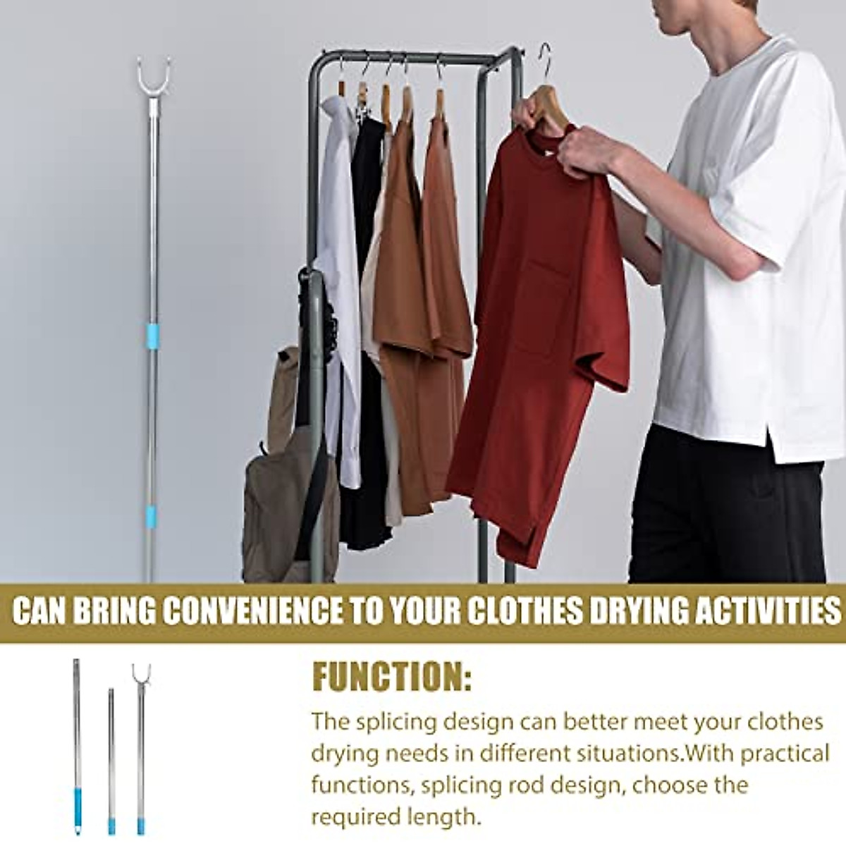 NOLITOY Telescoping Clothesline Prop Clothing Pole Retractable Closet Pole Stick Outdoor Utility Pole Hook Clothes Drying Pole for Garment Coat Hanger Sky-Blue 131cm