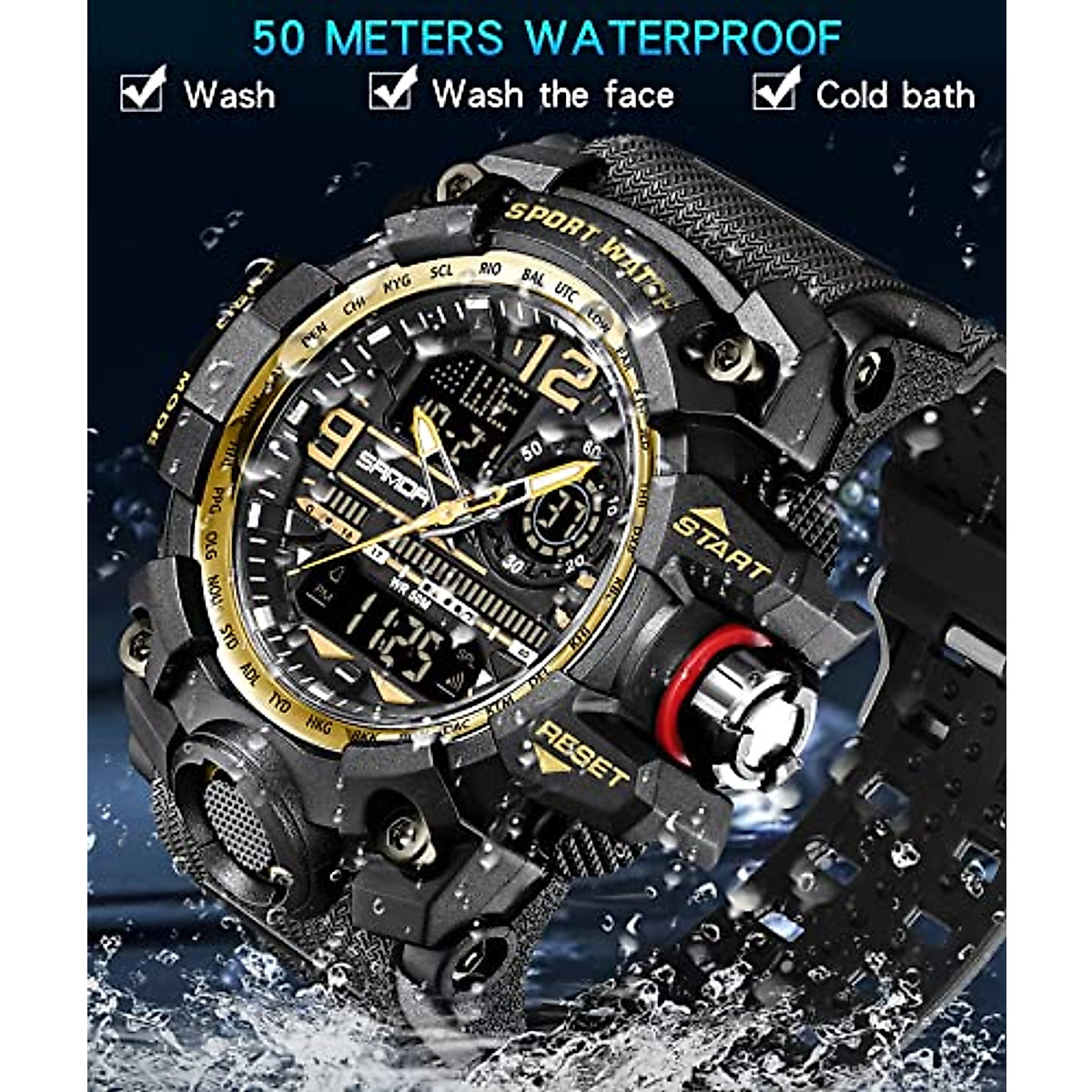 Yihou Mens Military Watch Tactical Watches for Men Sport Waterproof Relojes para Hombres Outdoor Digital Watch Big Face Alarm Stopwatch LED Gold