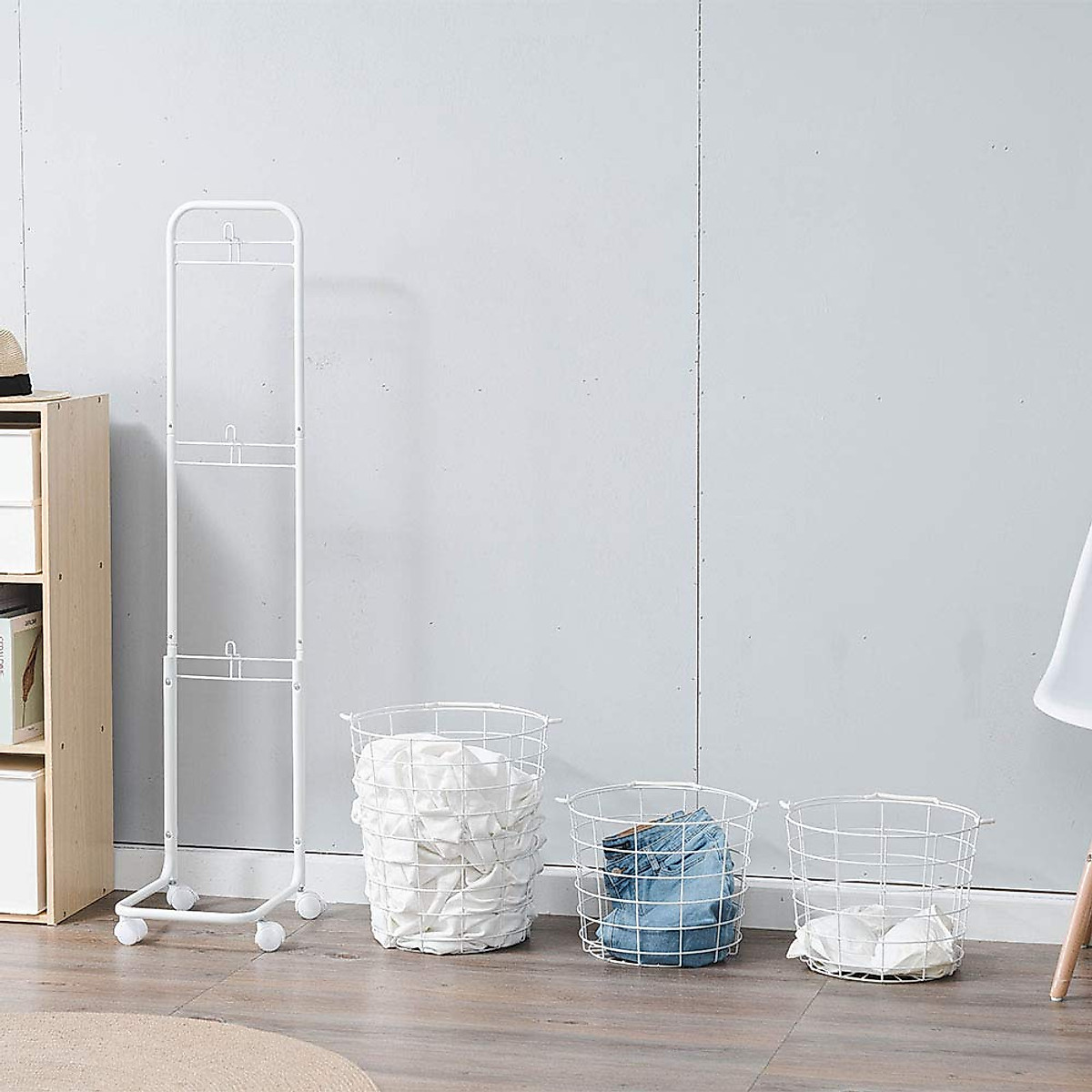 Farios 3 Tier Rolling Laundry Hamper with 3 Removable Wire Basket, Metal Sorter Storage Trolley shelf basket with wheel, tall clothes laundry basket bin with wheels– White