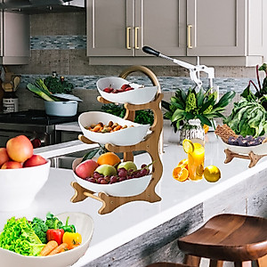 Hfpengzan 3 Tier Ceramic Fruit Bowl, White Oval Serving Bowls Set with Natural Bamboo Rack, Porcelain Fruit Basket Countertop for Kitchen Vegetable Storage, Snack Dessert Cake Candy Tray Plate Holder