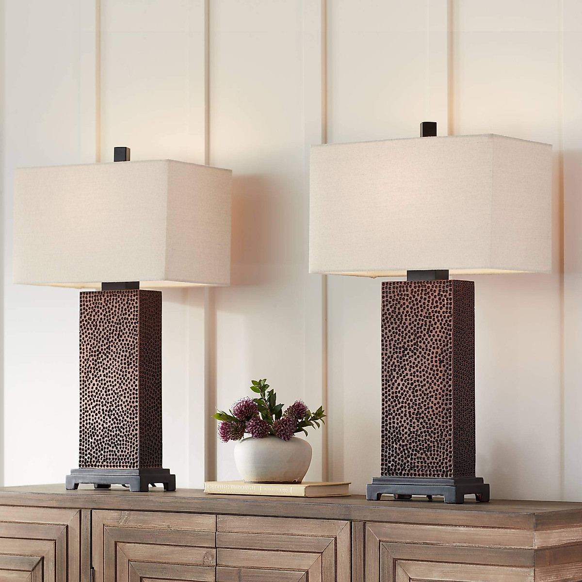 360 Lighting Caldwell Rustic Farmhouse Table Lamps 24.75" Tall Set of 2 Bronze Hammered Textured Fabric Rectangular Shade for Bedroom Living Room House Home Bedside Nightstand Office Family