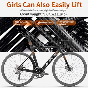 SAVADECK Carbon Disc Road Bike, Integrated Design Racing Bicycle Carbon Frame Carbon Fork with Shimano SORA R3000 Derailleur System 18 Speed Disc Brake Road Bike for Men or Women.(Black 54cm)