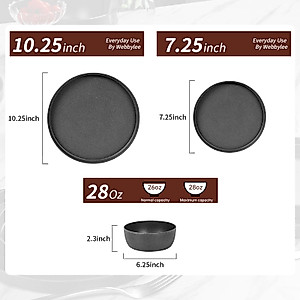 Webbylee Melamine Dinnerware Set - 12pcs Matte Round Plates and Bowls Set Indoor and Outdoor use Summer Camping Dish Set for 4 Dishwasher Safe-Dark Gray