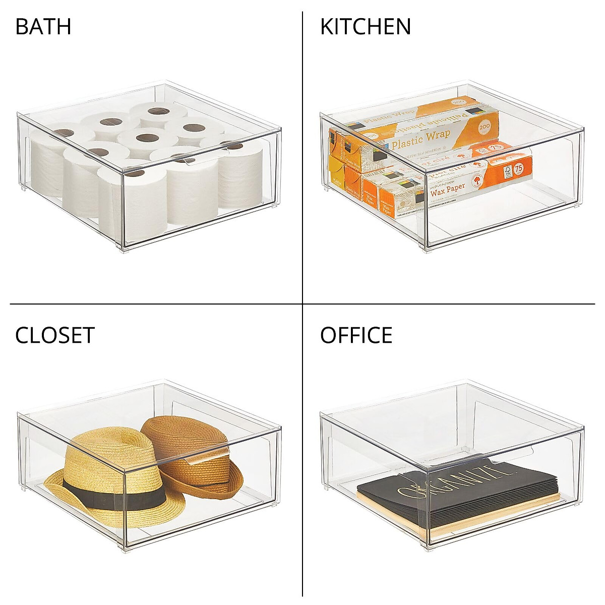 mDesign Plastic Stackable Closet Storage Organizer Bin Containers with Front Pull Drawer for Cabinet, Desk, Shelf, Cupboard, or Dresser Organization - Lumiere Collection - 2 Pack - Clear