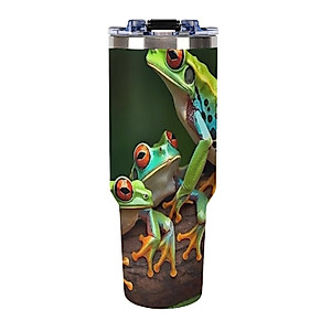 Colored Frogs And Dragonflies Insulated Stainless Steel Travel Mug, 40 Oz Tumbler with Handle And Straw Double-Wall Vacuum Coffee Cup, Leak-Proof Lid, Keeps Drinks Hot/Cold for Hours