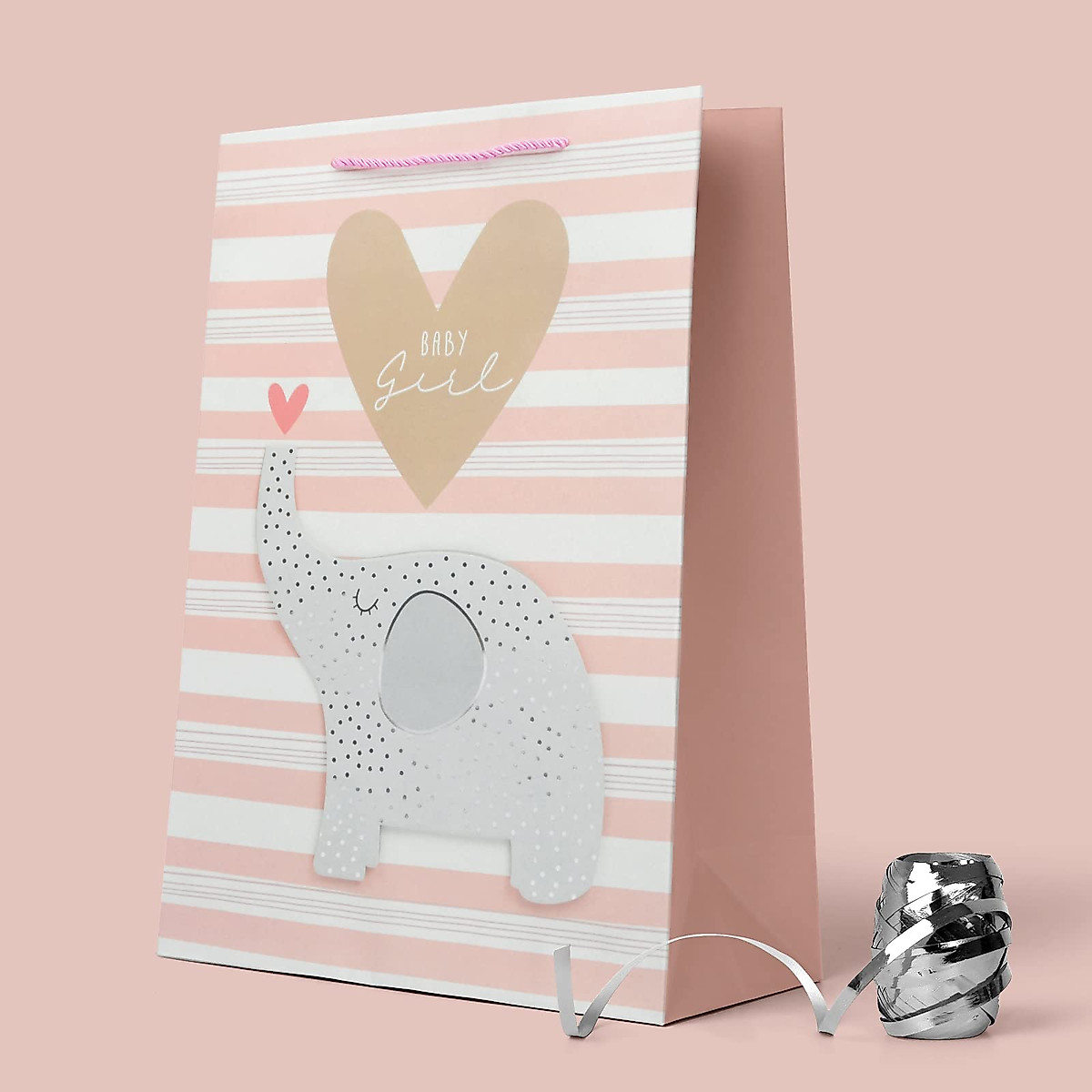 LDGOOAEL 16" Large Gift Bag with Tissue Paper for Baby Shower - 2 Pack (Baby Girl, Pink Elephant)