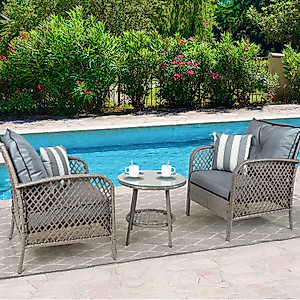 FYRICKYLINOO 3 Pieces Patio Conversation Set Outdoor Patio Furniture Sets All Weather PE Rattan Wicker Porch Sofa Single Chairs with 2 PCS Pillows & Coffee Table for Garden Backyard（Grey Cushions