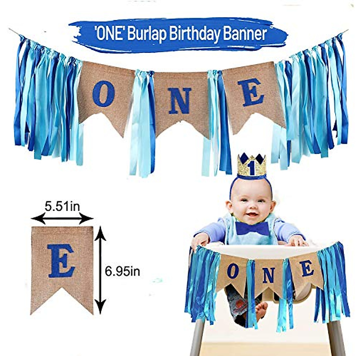 Baby 1st Birthday Boy Decorations with Crown High Chair Banner Cake Smash Party Supplies - Happy Birthday ONE Burlap Banner, No.1 Crown, Glitter Cake Topper