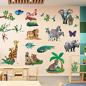 Amaonm Creative Giant Removable Cartoon Zoo Wild Jungle Animals 3D DIY Lion Giraffe Elephant Tree Wall Decals Nursery Decor for Kids Bedroom Living Room Playroom Classroom Hospital Decoration (b)