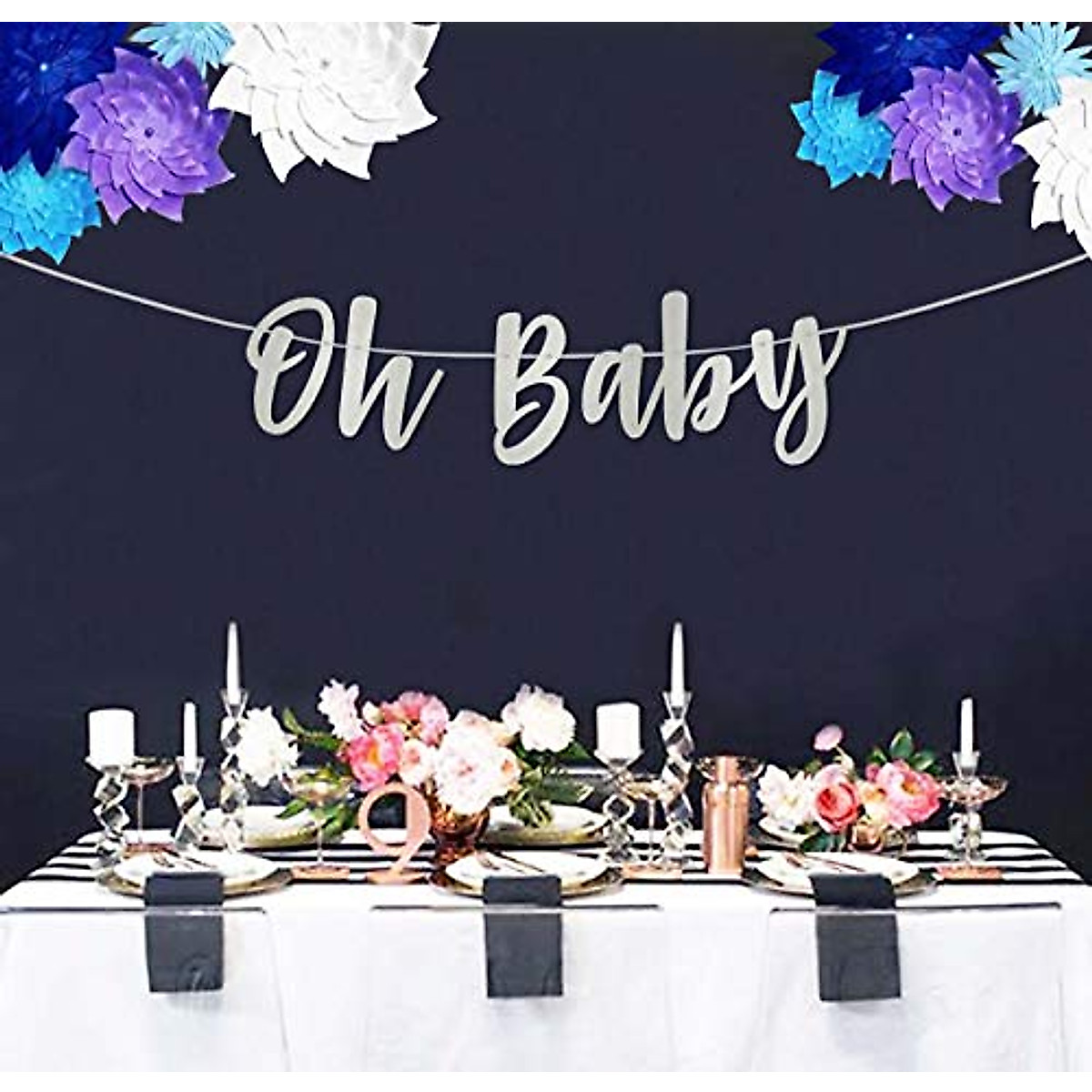 Inkdotpot Oh Baby Pre-Assembled Cursive Bunting Flags Metallic Silver Baby Shower Decor Gender Reveal Bunting Banner