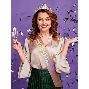 SWEETV 50th Birthday Crown Tiara Sash for Women Rose Gold Birthday Queen Sash and Tiara Crown Set Rhinestone Princess Headband for Birth Day Party Photograph, for Ages 15+