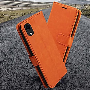 MONASAY Wallet Case Compatible for iPhone XR, 6.1-inch, [Glass Screen Protector Included] [RFID Blocking] Flip Folio Leather Cell Phone Cover with Credit Card Holder, Orange