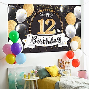 Nelbiirth Happy 12th Birthday Black & Gold Large Photo Banner - Cheers to Twelve Years Old Birthday Home Wall Photoprop Backdrop, 12th Birthday Party Decoration.