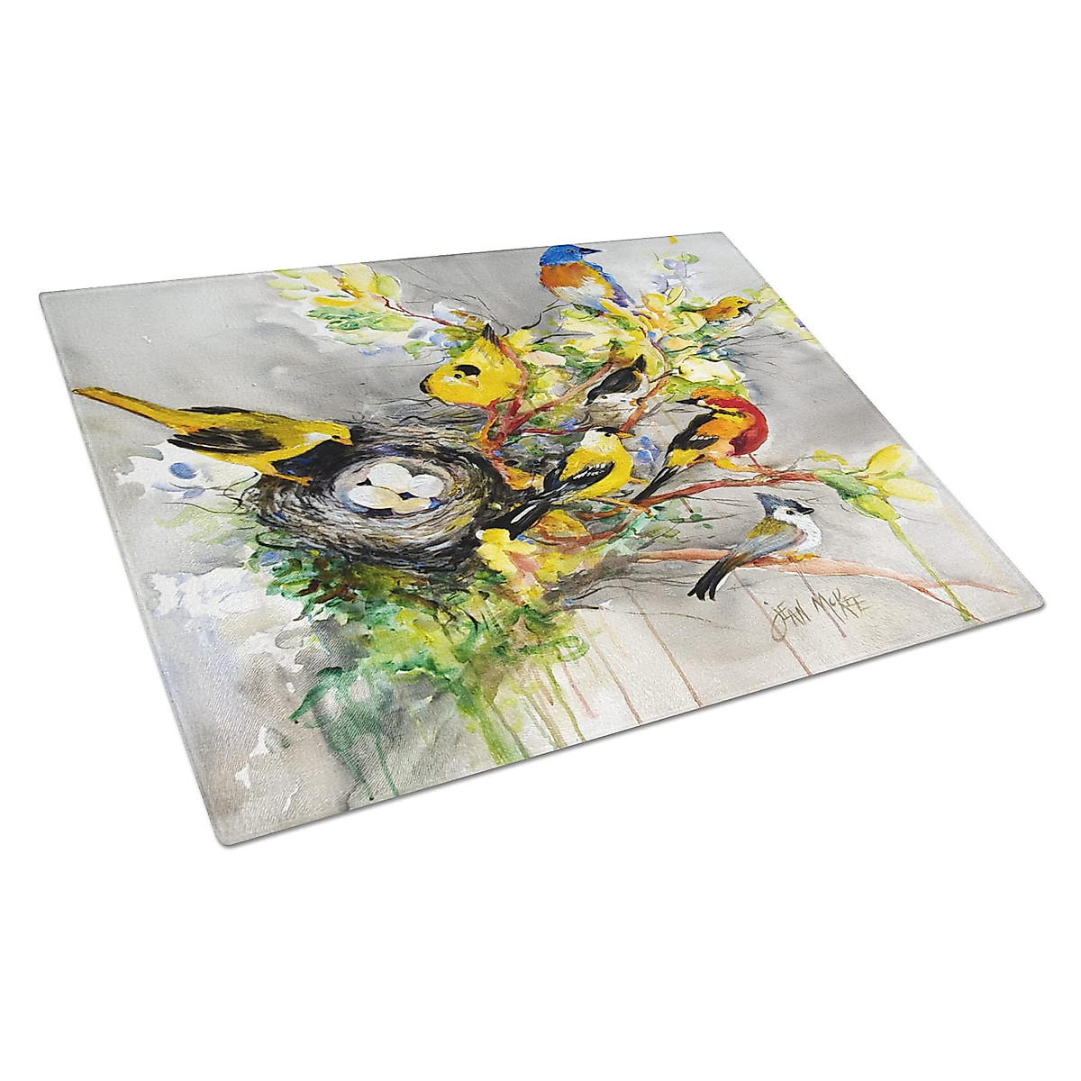 Caroline's Treasures JMK1024LCB Spring Birds Glass Cutting Board Large Decorative Tempered Glass Kitchen Cutting and Serving Board Large Size Chopping Board