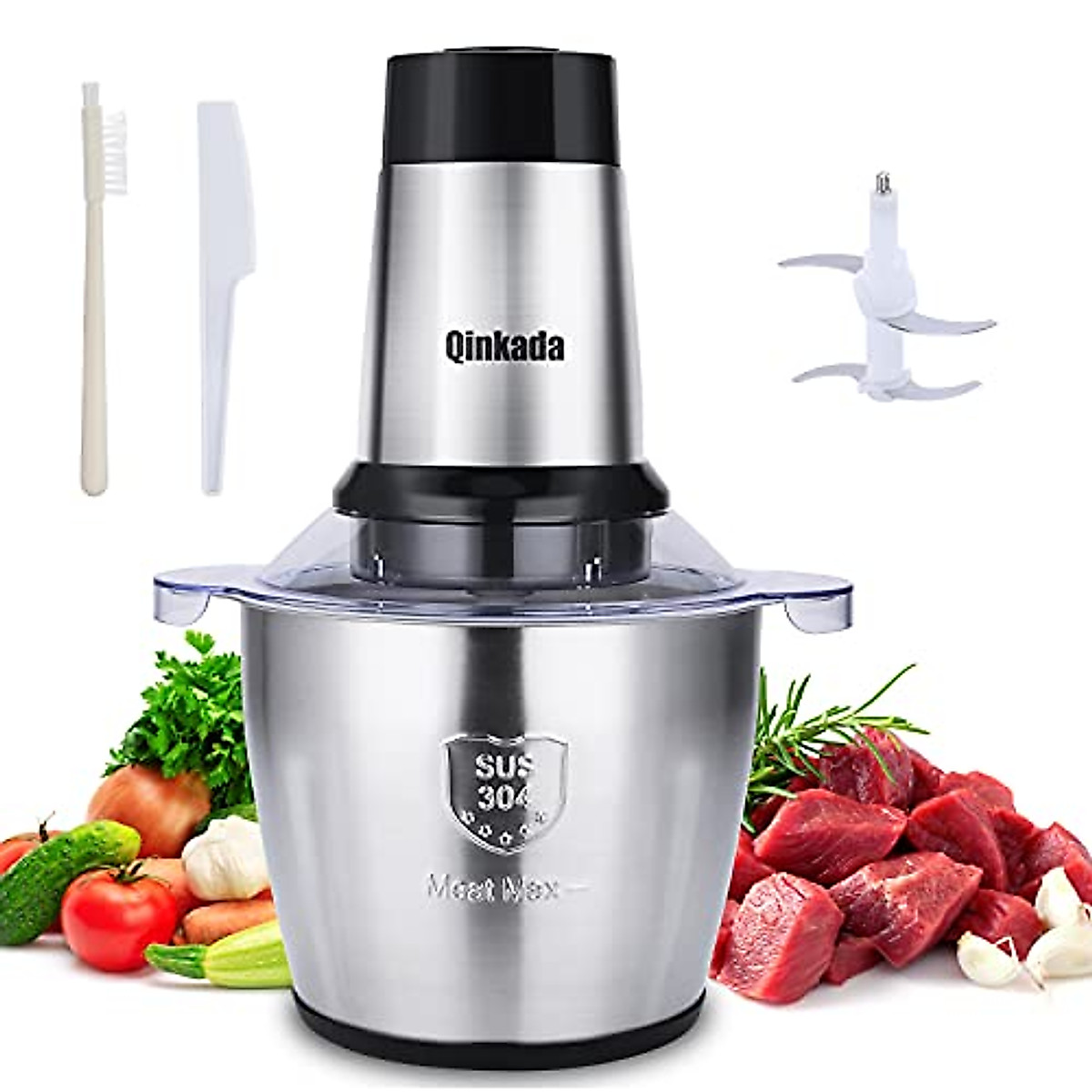 Electric Meat Grinder, Qinkada 500W Food Processor 3.5L Chopping Meat, 14Cup Large Stainless Steel Electric Food Chopper with 4 Sharp Blades 3 Rotating Speed Levels and Spatula