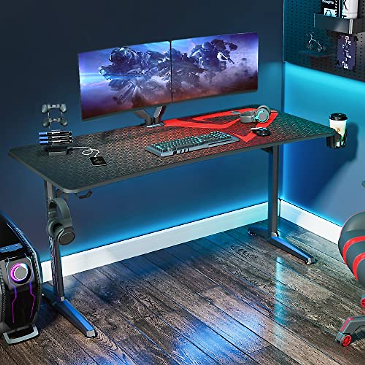 Eureka Ergonomic 60'' Gaming Desk, T-Shaped Carbon Fiber Surface Computer Desk with Free Mouse Pad,Large PC Gamer Desk Gaming Table with USB Handle Rack Cup Holder Headphone Hook,Black