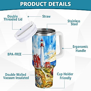 ODAWA Lighthouse Coffee Tumbler Reusable Insulated Water Bottle with Handle Travel Mug