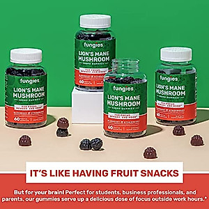 Fungies Lion's Mane Mushroom Brain Health Gummies - Promotes Focus, Memory, and Mood - 60 Count (Natural Blueberry and Strawberry Flavor, Gelatin-Free, Gluten-Free, Non-GMO, Vegan)