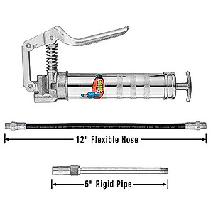 Slippery Pete Mini Pistol Grip Grease Gun. Heavy Duty Design for 3oz Cartridges. 12 inch Flexible Hose and 5 inch Rigid Extension Pipe