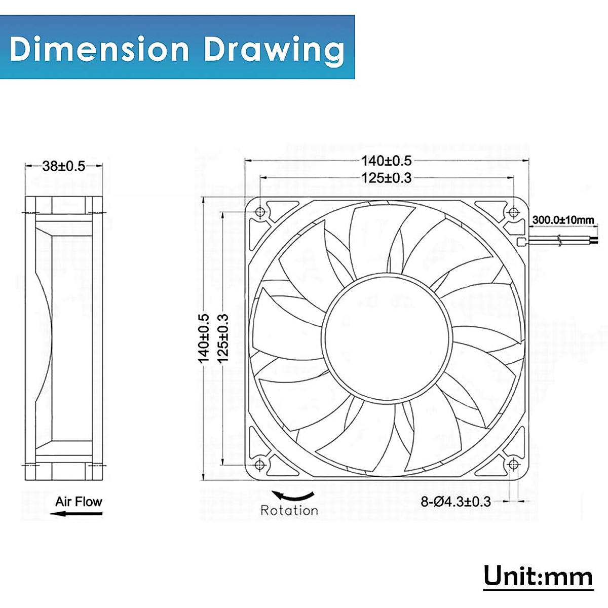 GDSTIME 140mm High Static Pressure Cooling Fan 2-Pin 140x140x38mm DC 12V Ball Bearing for Radiator Heatsink