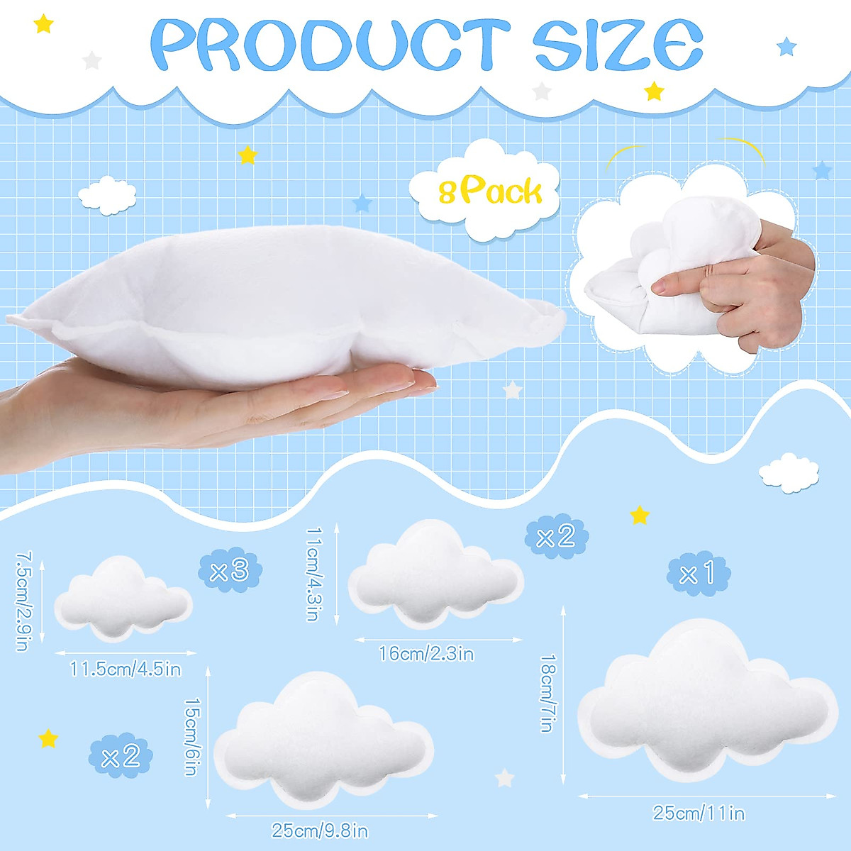 16 Pcs 3D Cloud Hanging for Ceiling Decorations Star Moon Decorations Felt Fake Cloud Party Ornaments Star Moon Props for Nursery Children Room Baby Room Art Wedding