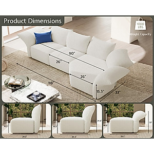 Jocisland 118 Inch Sectional Couch, 3 Seats Modular Sectional Sofa- Adjustable Arm and Backrest, Modern Sofa- Comfy Couches for Living Room, Off-White Bouclé