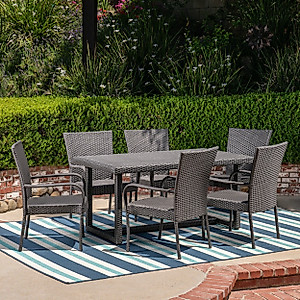 Christopher Knight Home Liam Outdoor 7 Piece Wicker Dining Set, Grey