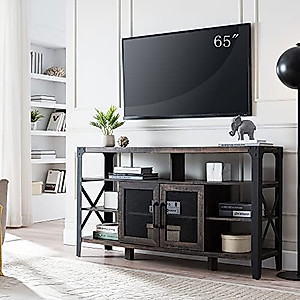 OKD TV Stand Industrial Rustic Entertainment Center for 65 Inch TV, 33" Tall Wood Media TV Console Cabinet Table w/Soundbar Shelf & 2" Wide Metal X-Frame for Living Room, Dark Rustic Oak