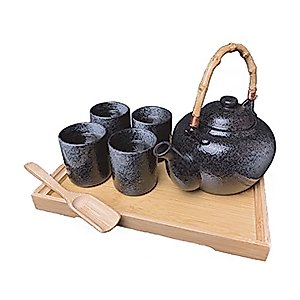 Japanese Asian Tea Set Ceramic Teapot with Strainer, Rattan Handle, 4 Tea Cups, Tea Scoop, Wooden Serving Tray and Instructions - Modern Teapot Set for Home and Office - Gift