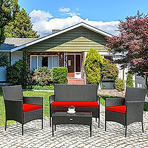 HAPPYGRILL 4pcs Patio Furniture Set Rattan Wicker Conversation Set with Tempered Glass Top Table, Outdoor Wicker Sofa Set with Removable Cushions for Poolside Garden Backyard