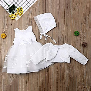 Cudilica Newborn Baby Girls Christening Princess Long Sleeve Tulle Lace Dress Skirts Shawl Hat 3Pcs Infant Clothes Sets (White, 0-3 Months)